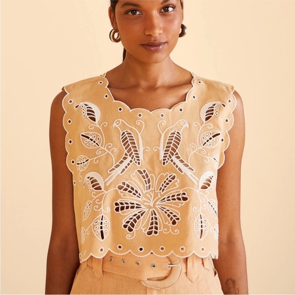 FARM Rio | Tops | Farm Rio Cropped Scalloped Broderie Linen Blend Top ...